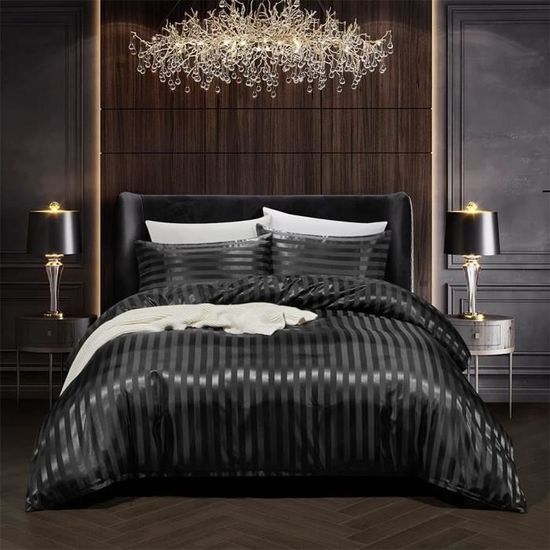 Parure De Lit 220X240 Adulte Satin Noir Rayures Housse De Couette ...