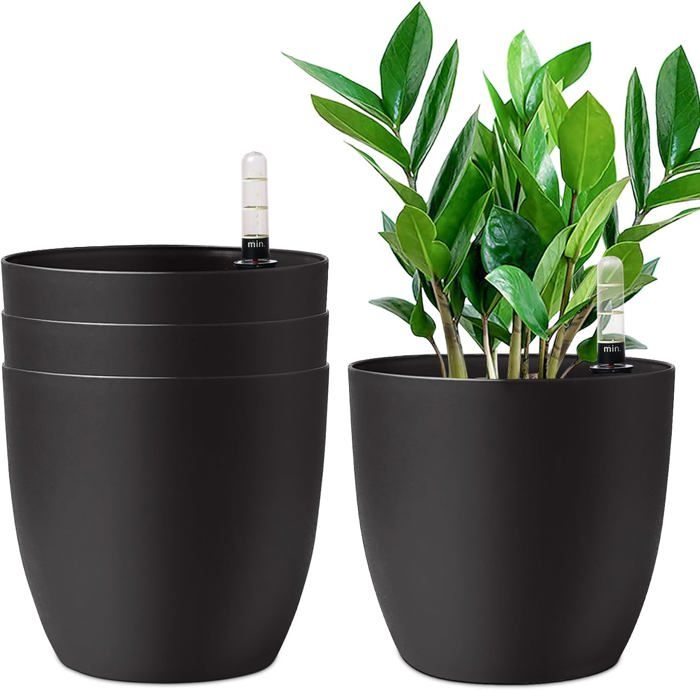 4 Pcs Pot À Réserve D'Eau Rond En Plastique Noir 22 Cm, Pot De Fleurs D ...