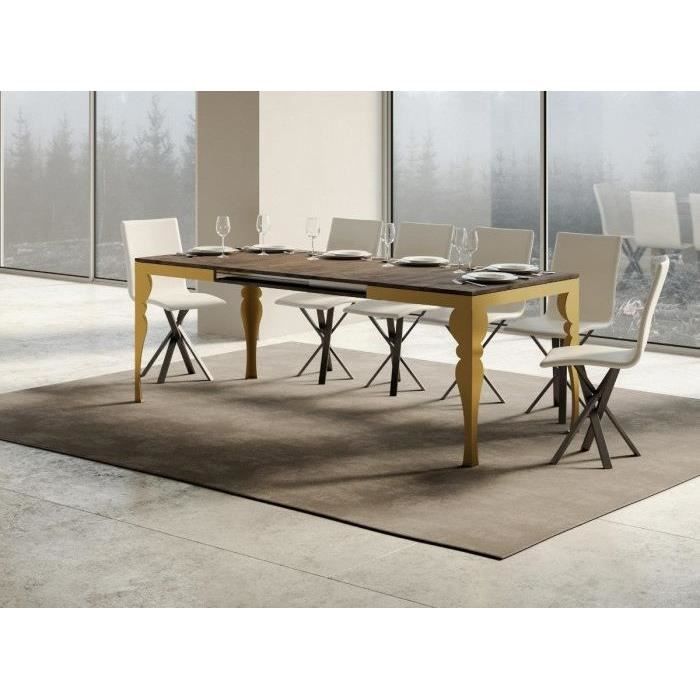 Table extensible 8 à 14 personnes bois noyer et pieds métal doré L 180 ...