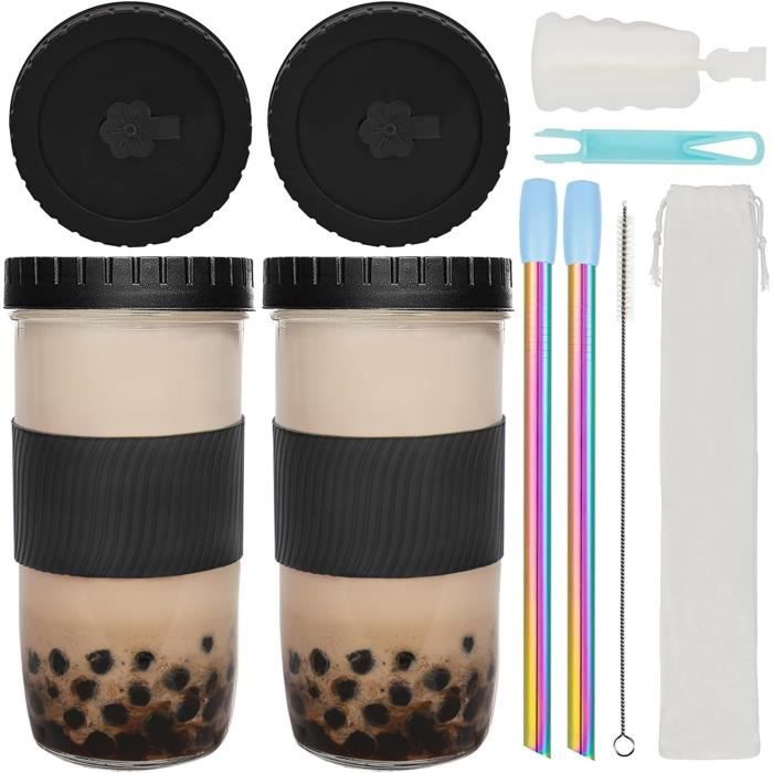 730Ml Verre Bubble Tea Cup Gobelets En Verre Avec Paille Et Couvercle ...