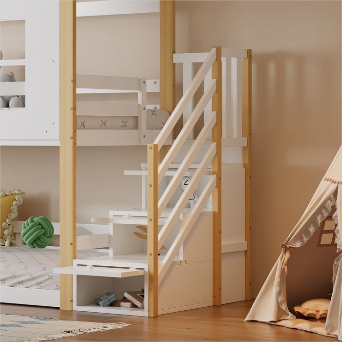 Lit superposé en pin et MDF blanc et naturel avec échelle de rangement ...