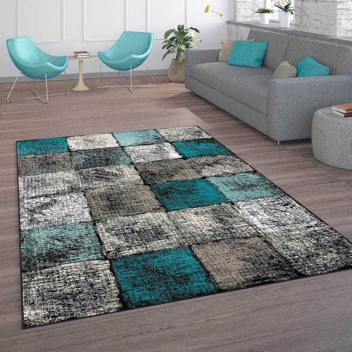 Tapis Salon Vintage Poils Ras Marocain Diamant Turquoise Brun ...