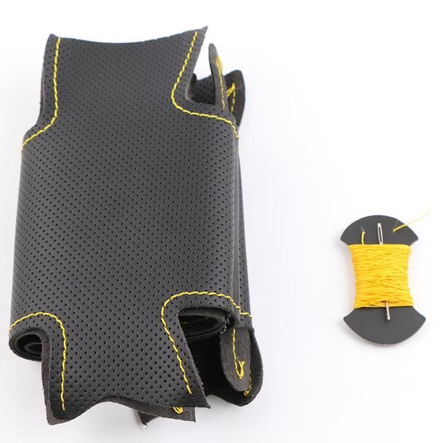 COUVRE-VOLANT,Yellow thread--Couverture de volant de voiture personnalisée en cuir noir tressé ...