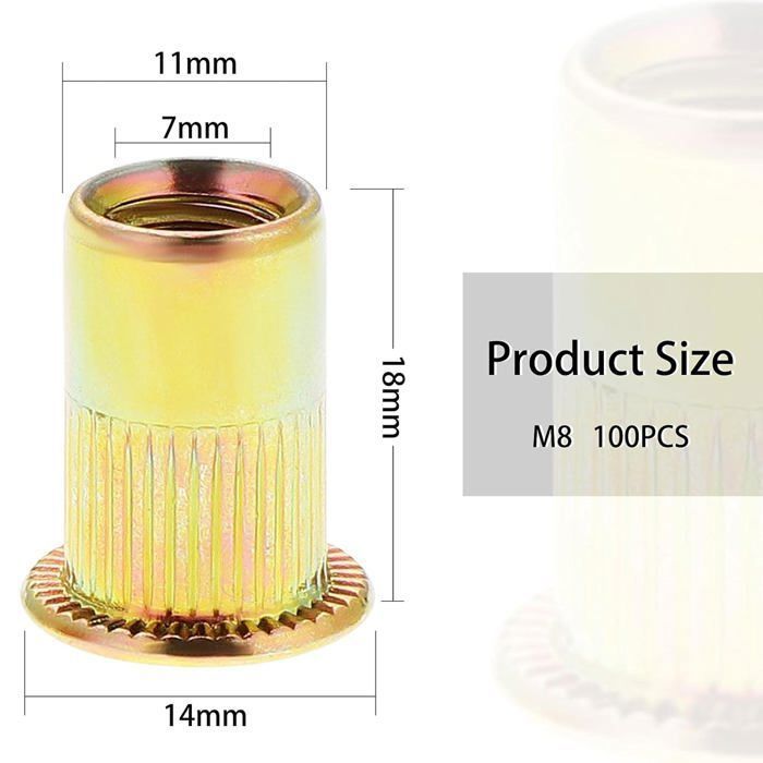 100 Pièces Écrou à Rivet M8 Fileté à Tête Plate, Assortiment M8 Rivet ...