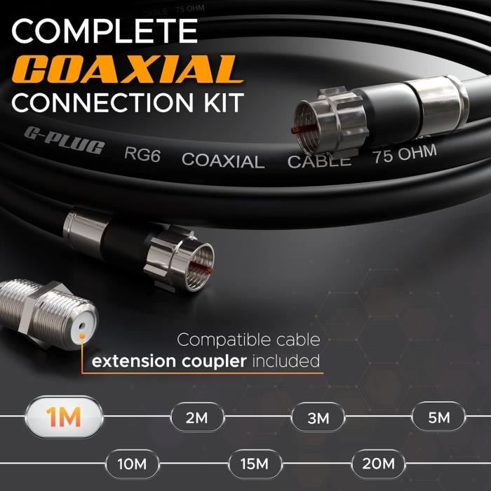 Câble Coaxial TV RG6 - CHICHENG - 1m - Connecteurs à Compression ...