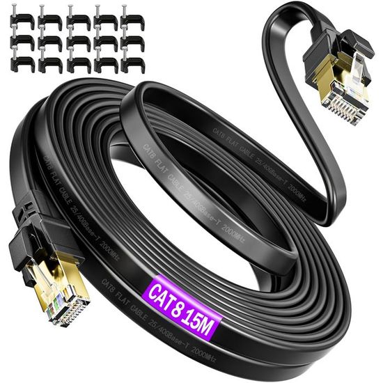 Cable Ethernet Cat 8 15M, Cable Rj45 15 Mètres Blindé 40Gbps 2000Mhz ...