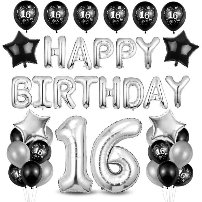 Ballon 16 Ans Noir Et Argenté, 16 Ans Anniversaire Decoration Argenté Et Noir, Deco Anniversaire ...