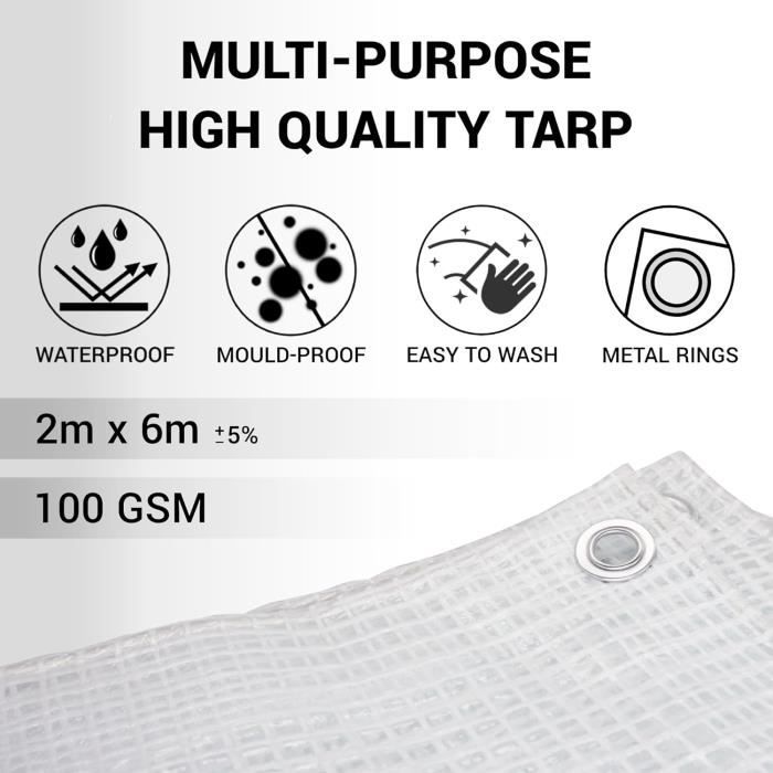 Bâche Transparente 2 X 6 M, Imperméable, 100 G-M² Avec Œillets, Bâche ...