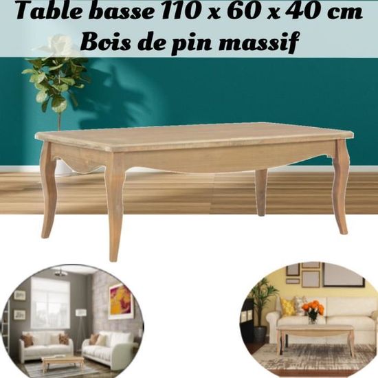 COC Table basse 110 x 60 x 40 cm Bois de pin massif Brun Style français ...