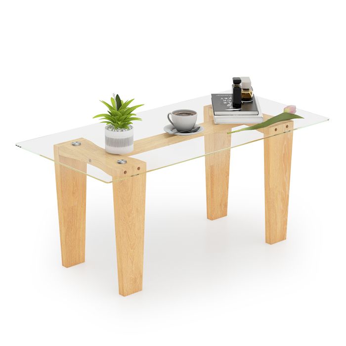 COSTWAY Table Basse Rectangulaire en Verre Trempé, Pieds en Bois d ...