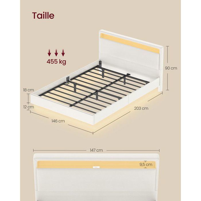 VASAGLE Structure de Lit Double 140 x 190 cm, Cadre Flottant avec ...