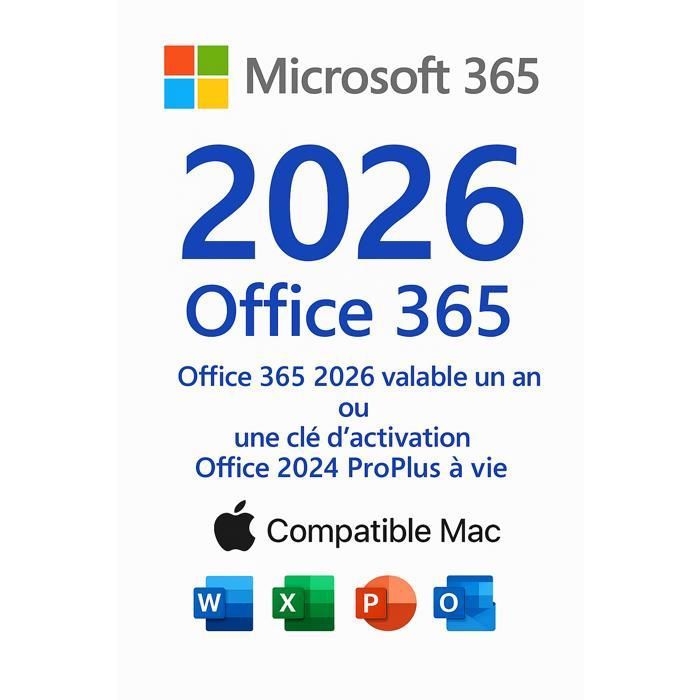 Office 365 – Abonnement 2026 (1 an) ou Clé Office 2024 ProPlus à Vie – Compatible Mac ...
