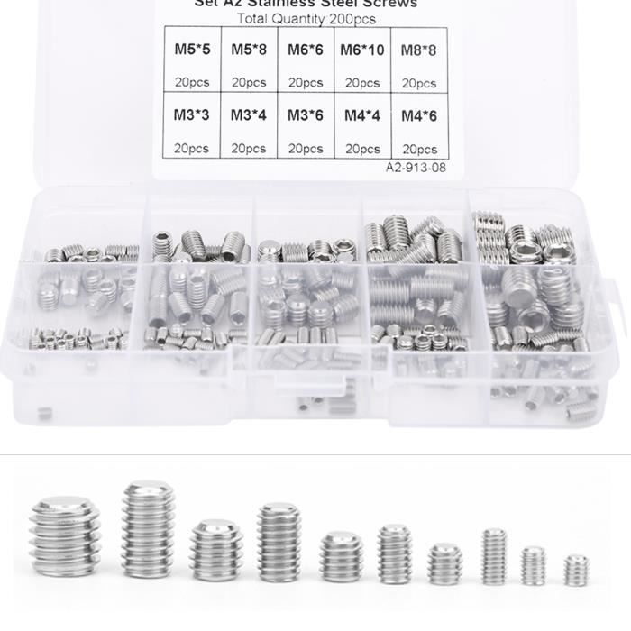 SALALIS Vis sans tête à six pans creux à tête plate en acier inoxydable 200pcs pour instrument ...