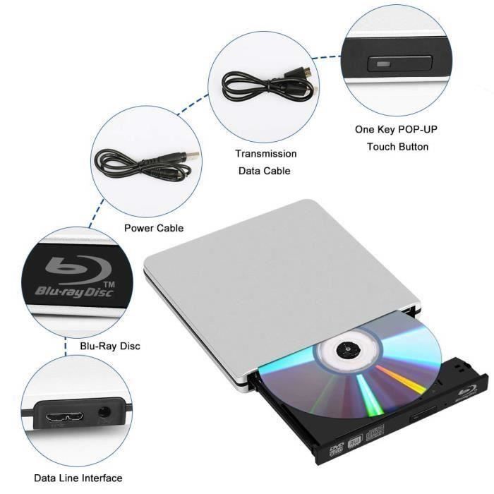 Lecteur Graveur Blu Ray Externe CD DVD 3D 4K USB 30 Portable Lecteur Blu-Ray graver Slim BD CD ...