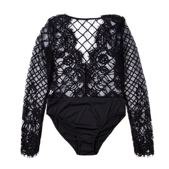 Sexy femmes dentelle transparent maille pure body à manches longues col ...