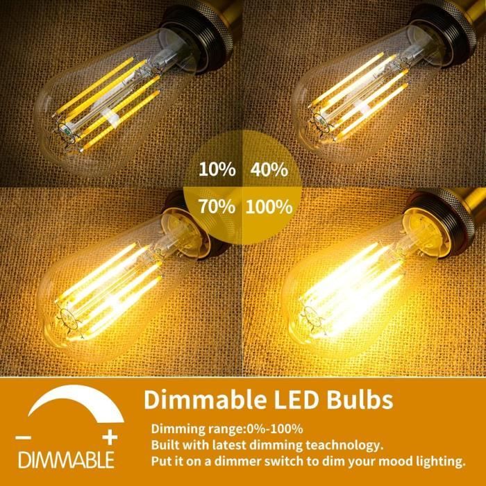 10W Ampoule LED , E27 ST64 Dimmable Ampoule à Filament Vintage, Equivalent à 100W, Blanc Chaud ...