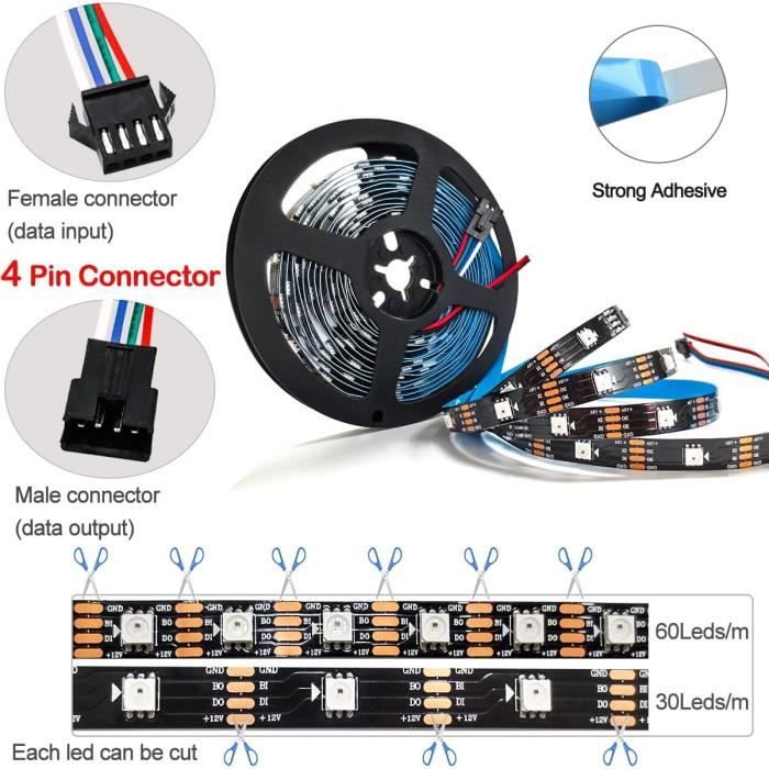 12V Ws2815 Bande Lumineuse Led, 5M Rgb Double Signal Led Pixel Strip ...