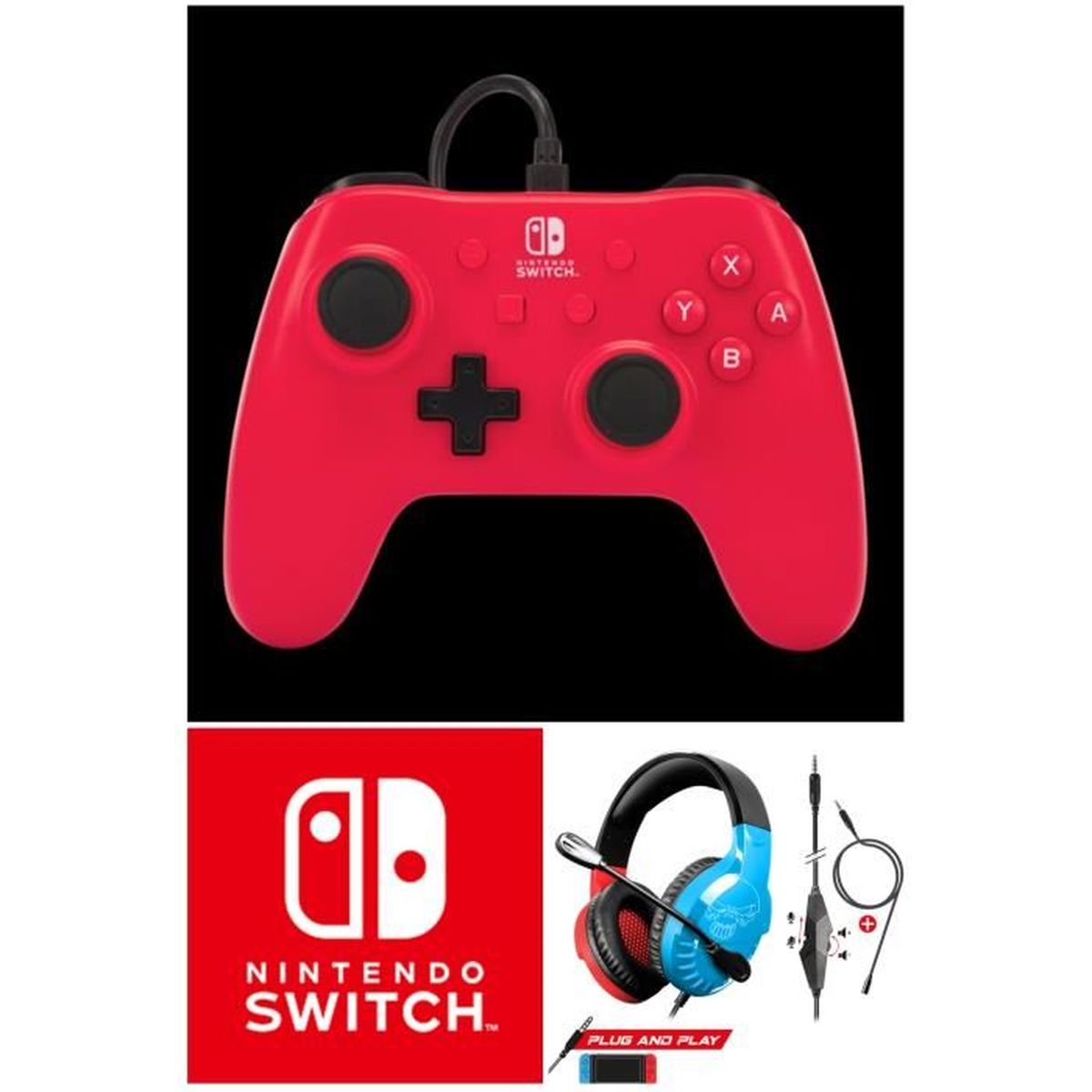 Manette filaire SWITCH ROUGE Framboise Officielle Nintendo avec Câble ...