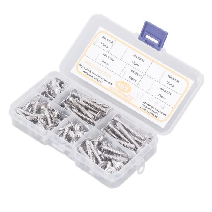 HURRISE Vis M4.8 101 pièces vis auto-perceuse tête de rondelle ronde en acier inoxydable M4.8 6 ...