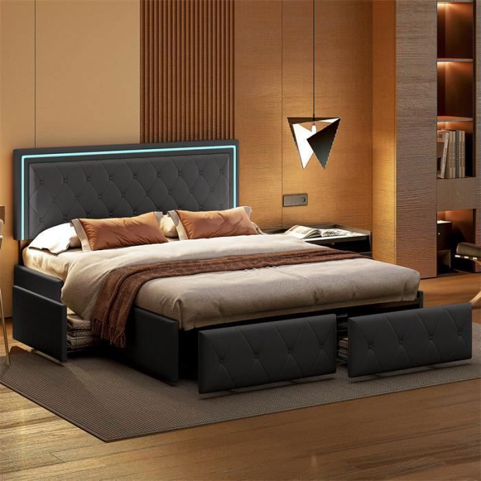 Lit double 140x200cm - Moderne - Cuir PU - 4 tiroirs - Tête de lit LED ...