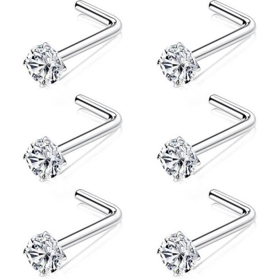 6 Pièces Piercing Nez Titane G23 Piercing Nez Vis Forme L Percing Nez 3Mm Cubique Zircone Cz ...