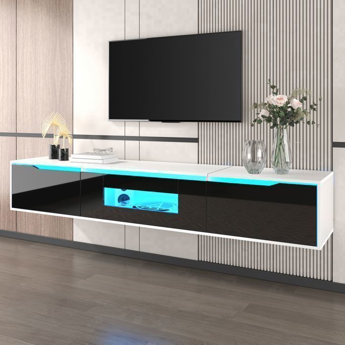 Banc TV Meuble TV Suspendu Moderne avec Éclairage LED, Haut Brillant ...