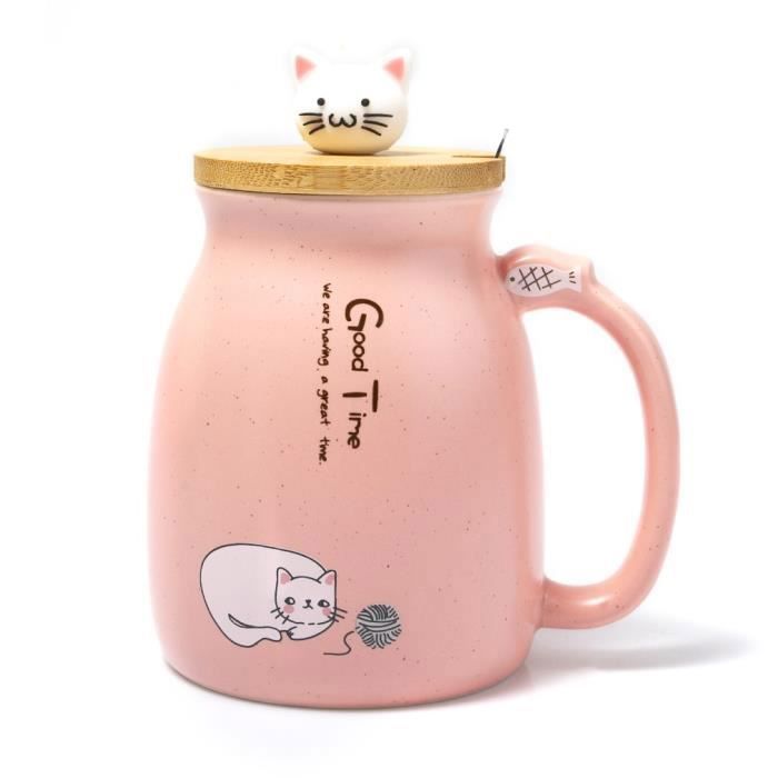 TASSE CHAT KAWAII - ROSE - Contenance : 450 ml - Avec Couvercle et ...