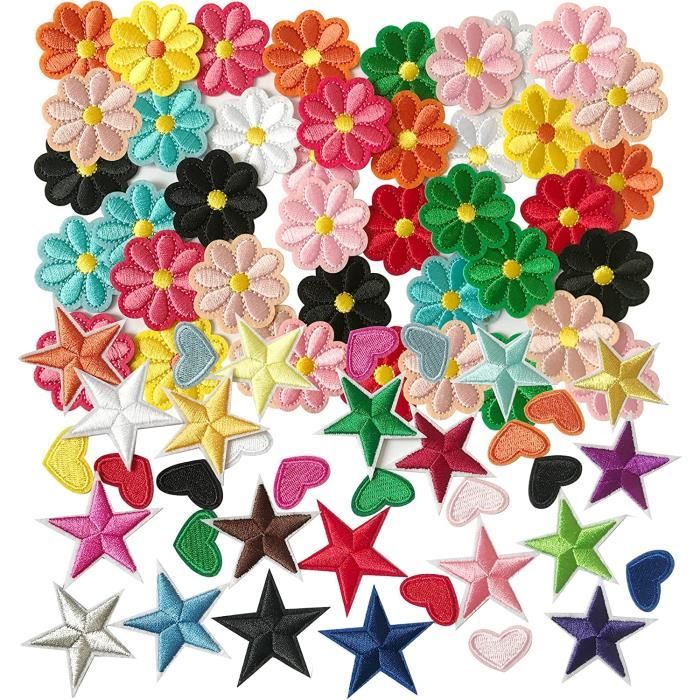 Woohome 80 PCS Patch Thermocollant, Patchs Applique Forme de Coeur Fleurs étoiles, Thermocollant ...