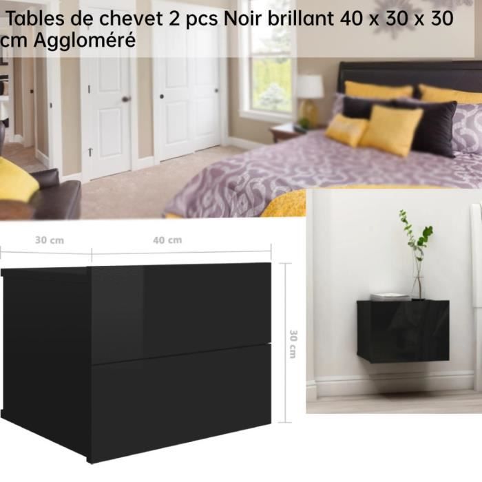 COC Tables de chevet 2 pcs Avec 2 tiroirs Noir brillant 40 x 30 x 30 cm ...