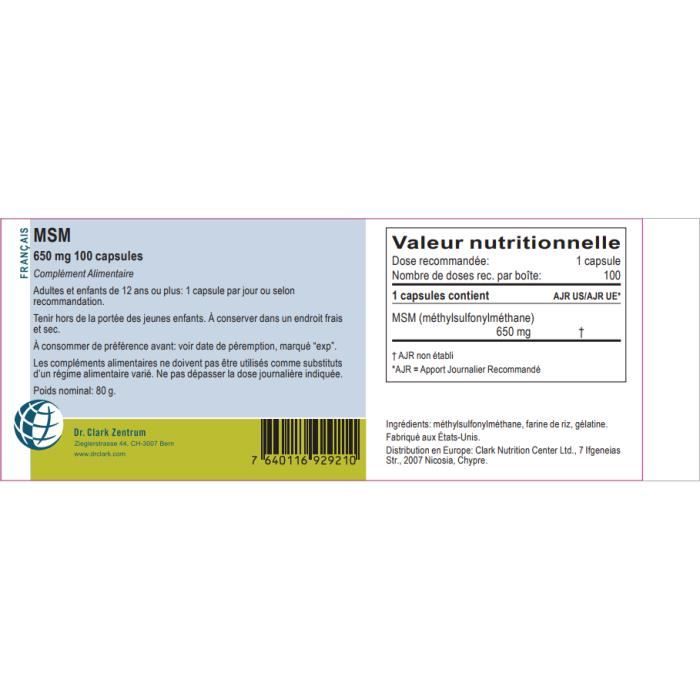 Gélule Articulations et Système osseux MSM 650mg - 100 gélules ...
