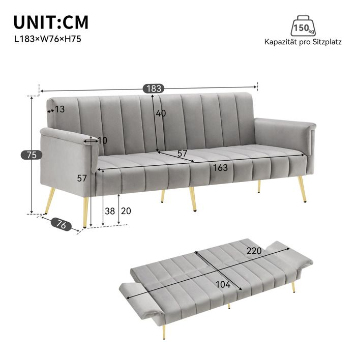 Banquette convertible pliable en tissu velours, avec pieds de soutien ...