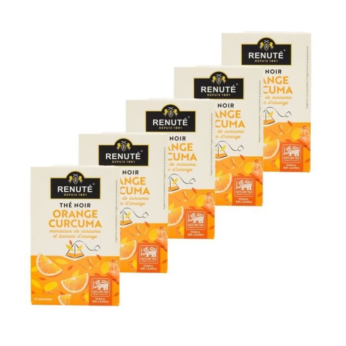Renuté - Lot 5x Thé noir à l'orange et curcuma - 20 sachets - Boîte 32g ...