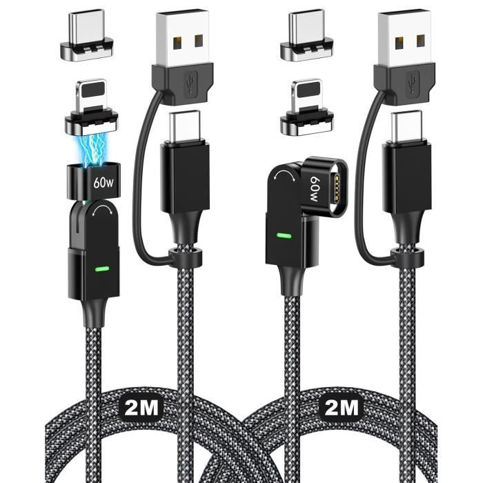 60W Usb C Magnet Câble De Chargement 2 Pièces [2M + 2M] - 4 En 1 Câble De Chargement Aimant 180 ...