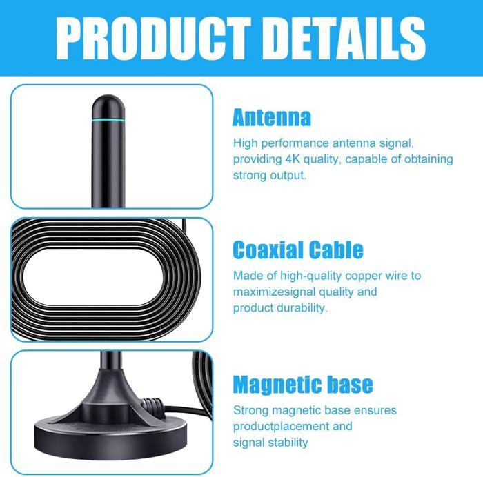 Antenne DVBT2 Rewave DVB-T/DVB-T2 avec amplificateur 5 m de câble ...