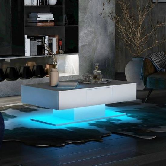 Merax Table basse à LED contemporaine - laqué blanc brillant - L100cm ...