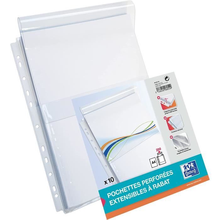 Lot de 10 Pochettes perforées capacité extensible avec Rabat de ...