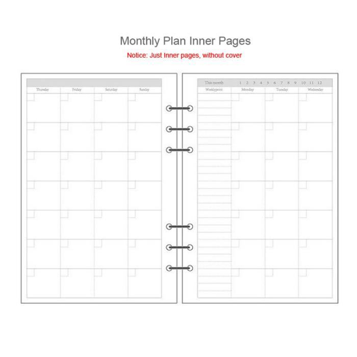 A5 - Plan mensuel - Feuilles mobiles à 6 trous pour journal ou agenda à ...
