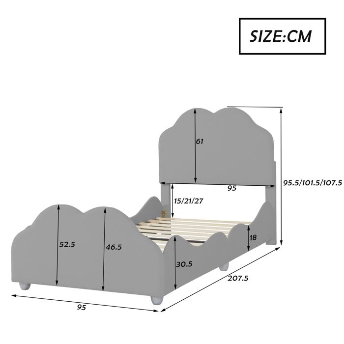 Lit enfant simple barrière couchage 90x200 capitonné velours gris ...