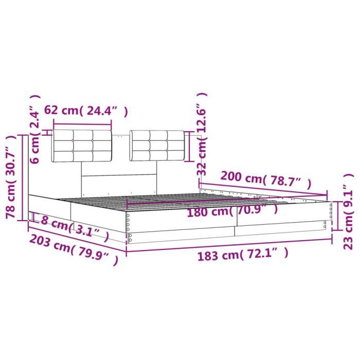 GARNACO Cadre de lit avec tête de lit chêne sonoma 180x200 cm D3209900 ...