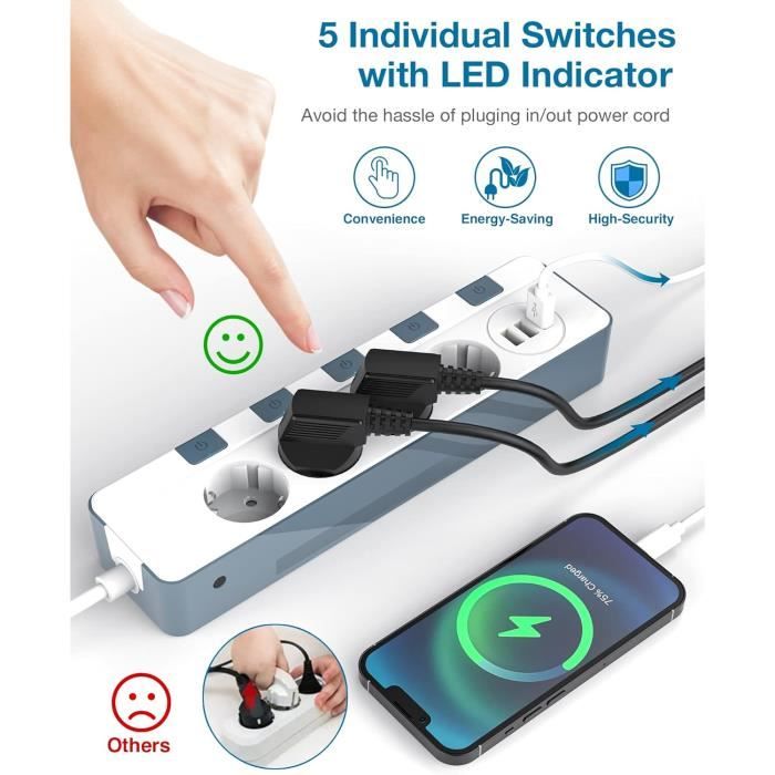 Multiprise Parasurtenseur Parafoudre, Prise Usb Avec 5 Interrupteurs ...