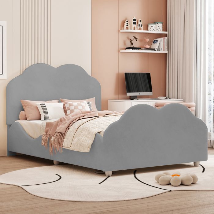 Lit enfant simple barrière couchage 90x200 capitonné velours gris ...