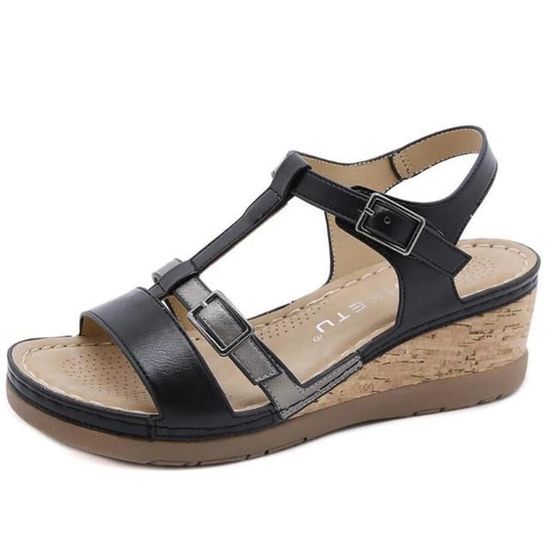 Sandales d'été pour femme - REMYCOO - Noir - Talon compensé - Bout ...