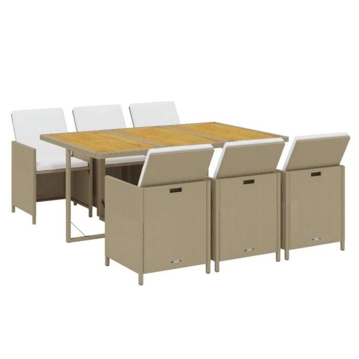LEX Ensemble à dîner de jardin coussins 7 pcs Résine tressée Beige ...