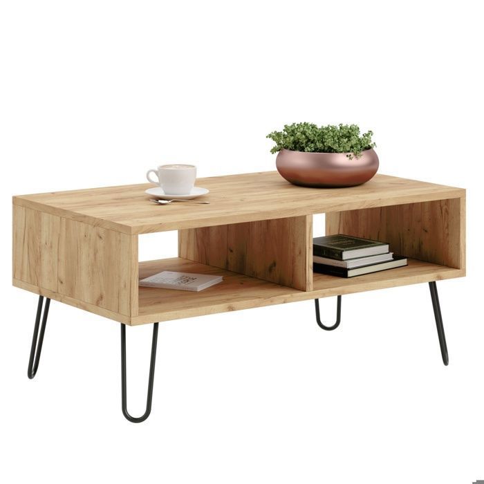 Table basse loft chêne doré avec pieds en métal – L 90 x P 50 x H 40 cm ...