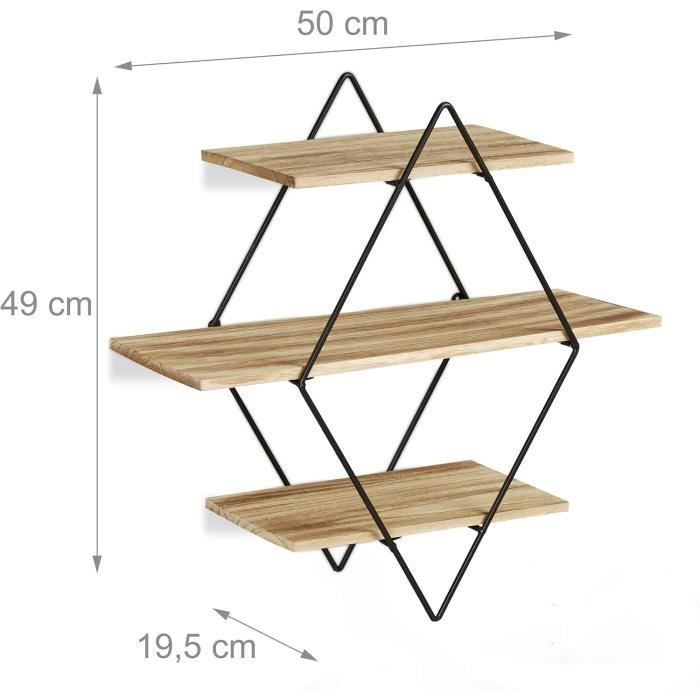 Étagère Murale 3 Étages, Tablette Bois, Cadre Fer, Plateau Suspendu ...