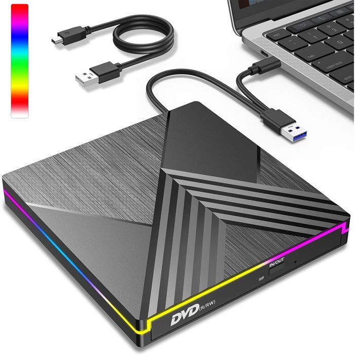 Lecteur DVD CD Externe, USB 3.0 Graveur DVD CD Externe, RGB Lecteur CD ...