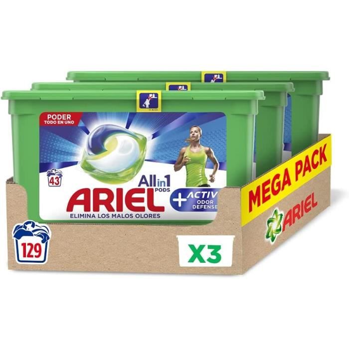 LOT DE TROIS LESSIVES ARIEL PODS 3 en 1 ACTIVE soit au total 129 doses ...