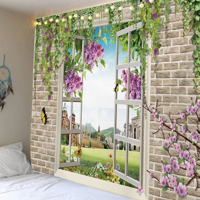 Tapisserie Tenture murale Fenêtre mur fleurs herbes vertes vignes ...