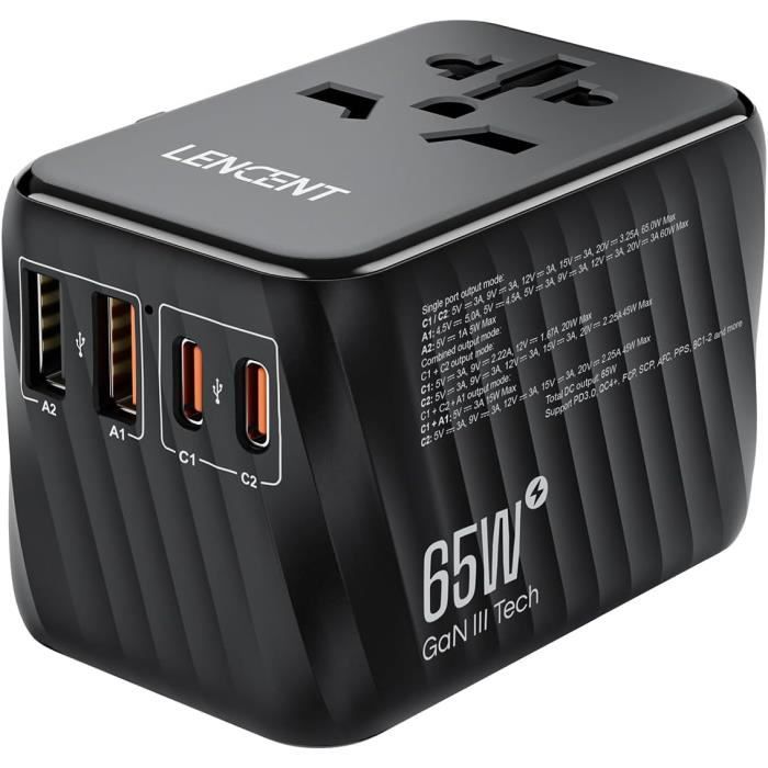 65W Gan Iii Adaptateur Prise Électrique Avec 2 Pd3,0 Usb C+2 Qc Usb A ...
