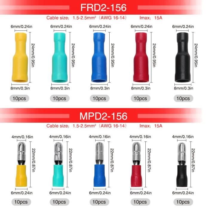 100 Pièces Cosse Câble Électrique, Mâle et Femelle Connecteurs Bullet ...